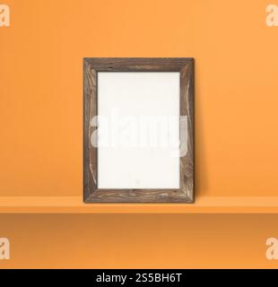 Wooden picture frame leaning on a green shelf. 3d illustration ...