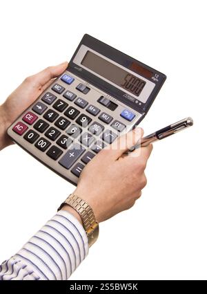Male hand using calculator, accounting concept, light effect, double ...
