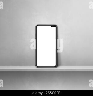Mobile phone on grey wall shelf. Square background. 3D Illustration ...