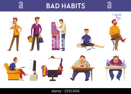 Bad habits cartoon icons set with unhealthy addiction symbols isolated ...