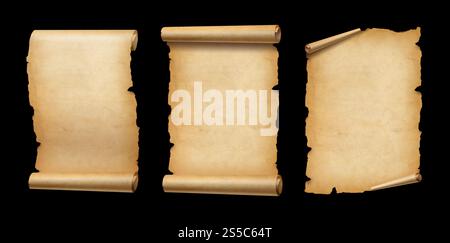 Old Parchment paper scroll isolated on black. Horizontal banners set ...