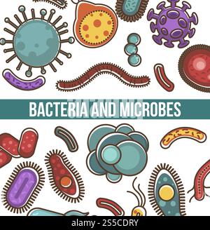 Bacteria and microbes science poster with biological organisms ...