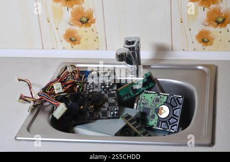 Personal computer cleaning metaphoric concept. Hardware in kitchen sink ...