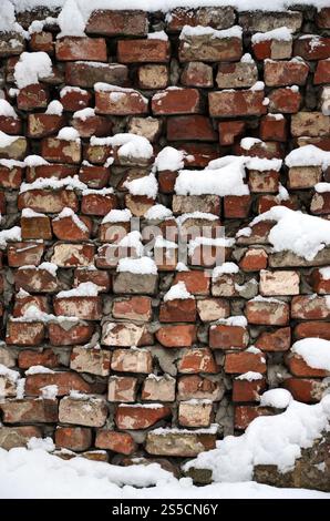Brick brown old wall covered with snow Stock Photo - Alamy