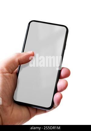 Hand holding a smartphone with blank grey screen. Isolated on white ...