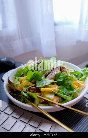 grilled chicken fillet with raw vegetables in a white plate Stock Photo ...