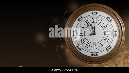 Image of clock showing midnight and spots of light on black background ...