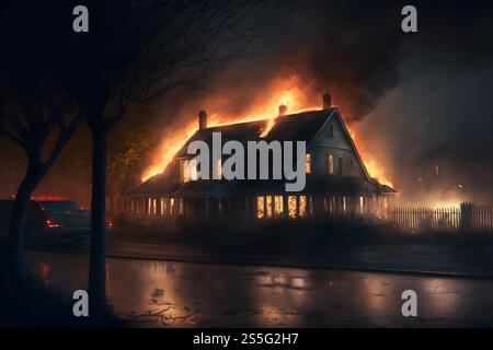 Residental building on fire accident in nighttime. Neural network AI ...