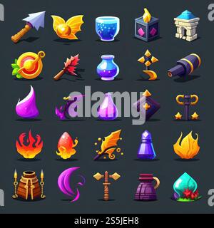 fire rpg 2d game icons ai generated. coin money, crystal medieval ...