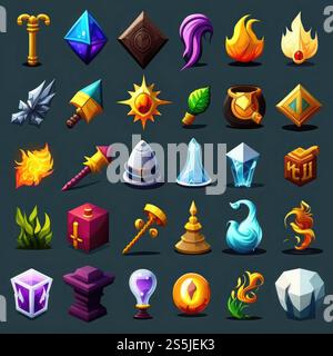 crystal rpg 2d game icons ai generated. medieval background, magic ...