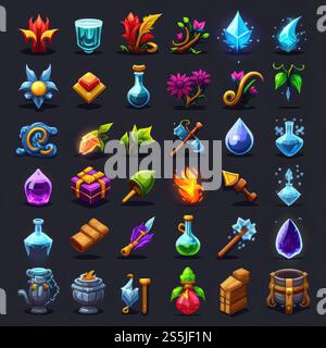 fantasy rpg 2d game icons ai generated. ui gold, interface object ...