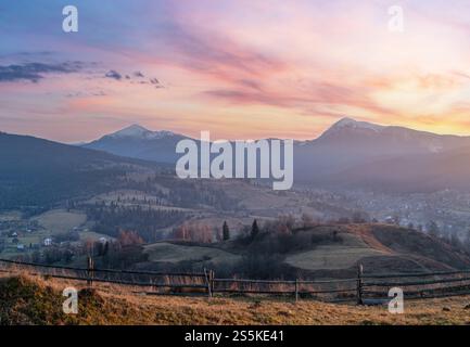 Late autumn mountain countyside pre sunset scene. Picturesque traveling ...