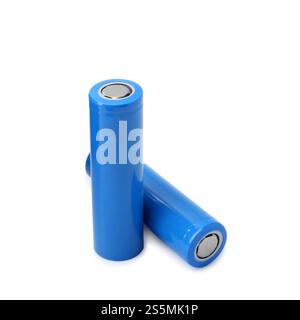 Two blue cylindrical batteries on a white background, representing ...