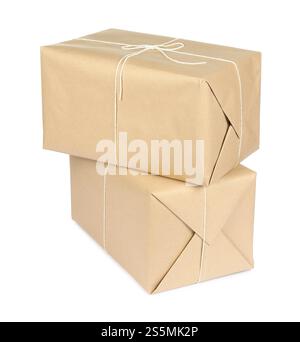 Stack of parcel boxes wrapped in paper isolated on white Stock Photo ...