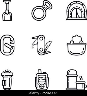 Mountaineering and climbing outline icons in set collection for design ...