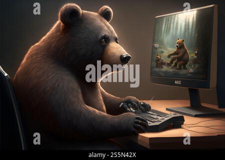 Bear as video game live stream gamer use PC computer for entertainment ...