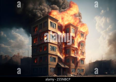 Multistorey residental or office building on fire. Neural network AI ...