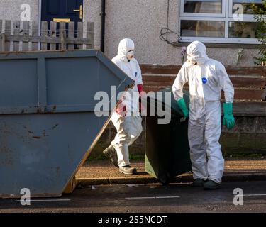 14 January 2025. Elgin, Moray, Scotland. This is white boiler suited ...