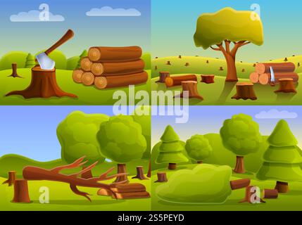 Deforestation forest banner set. Cartoon illustration of deforestation ...