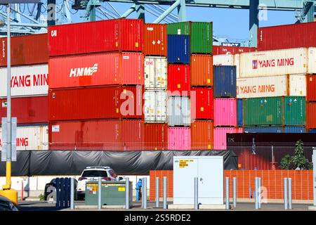 A variety of shipping containers stored at the Port of Los Angeles in ...