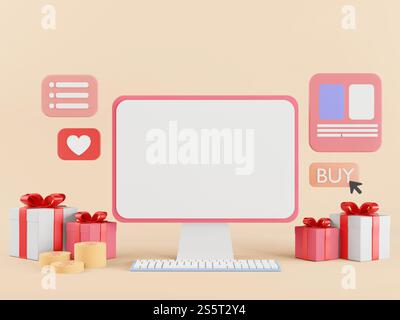 Desktop computer and gift shop in 3d style Stock Photo - Alamy