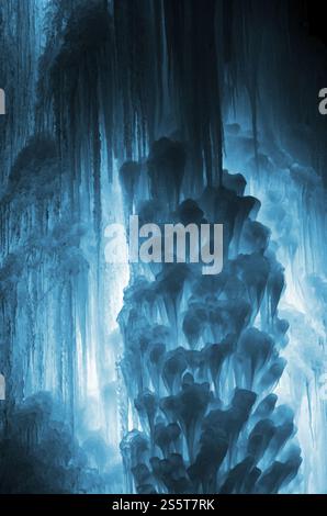 Huge ice icicles. Large blocks of ice frozen waterfall or water. Blue ...