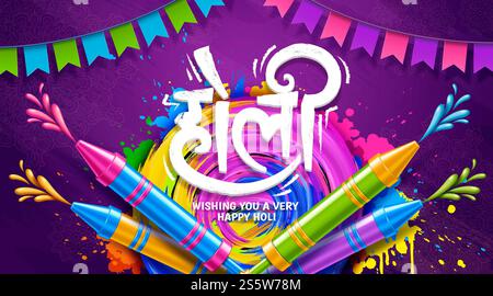 Colorful holi design with pichkari shooting paint color on yellow ...