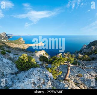 Scenic panorama of Sudak town coastline from Genoese fortress mountain ...