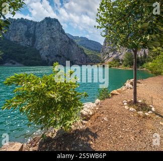 View from Shkopet Lake - reservoir shore. Lake Ulza Nature Park, Diber ...