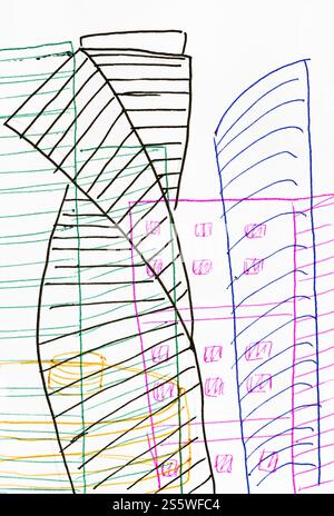 training hand drawn sketch of modern towers on white paper by colour ...