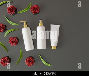 Mockup of black squeeze bottle cosmetic tube and birch small leaves on ...