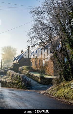 Thatched cottages in the frost. Ebrington, Chipping Campden, Cotswolds ...