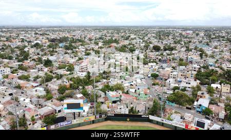 Aerial view of densely populated slums and buildings in a vibrant urban ...