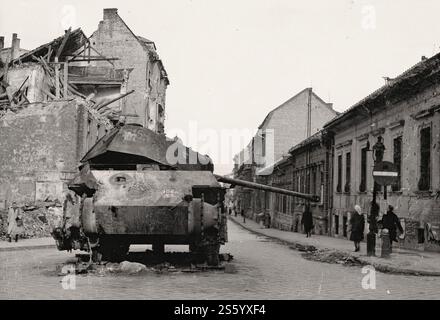 Stricken and burned-out German tank - Panther - on the streets of ...