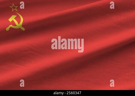 Soviet Union flag with big folds waving close up under the studio light ...
