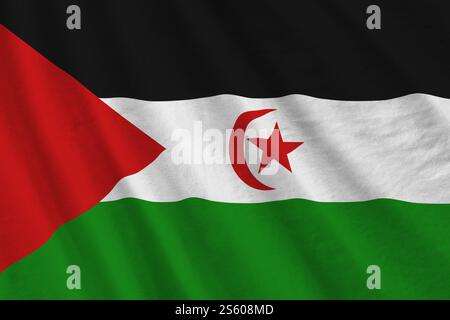 Western Sahara flag with big folds waving close up under the studio ...