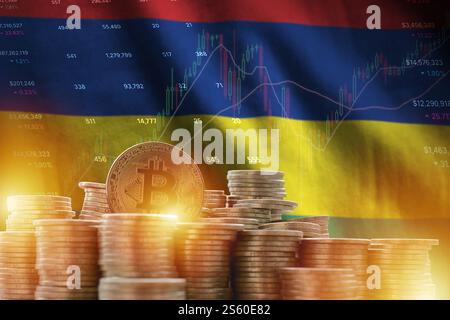 Mauritius flag and big amount of golden bitcoin coins and trading ...