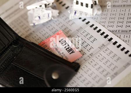 Crumpled lottery tickets as symbol of losing the lottery game. Unlucky ...