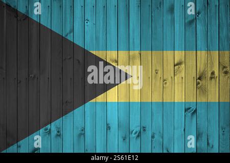 Bahamas flag depicted in paint colors on shiny crumpled aluminium foil ...