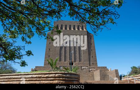 Voortrekker Monument front view against blue sky. Memorial building ...