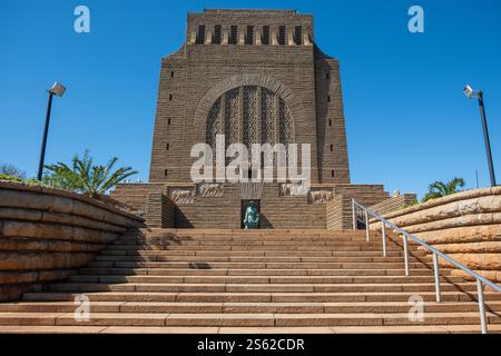Voortrekker Monument front view against blue sky. Memorial building ...