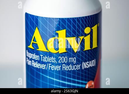 Close-up of Advil brand ibuprofen tablets on a store shelf in Lafayette ...