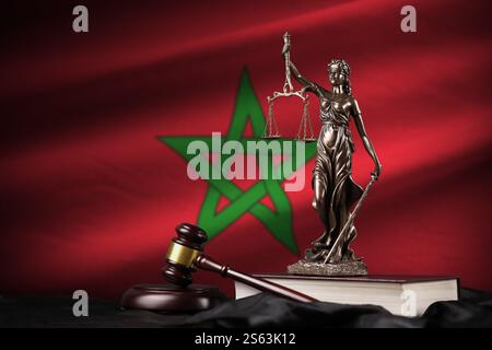 Morocco flag with statue of lady justice, constitution and judge hammer ...