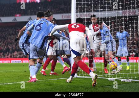 Gabriel Of Arsenal heads the ball during the Burnley v Arsenal Premier ...