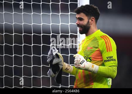 Arsenal goalkeeper David Raya celebrates the goal of Martin Zubimendi ...