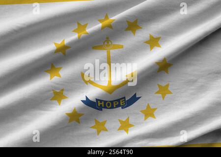 Rhode Island US state flag with big folds waving close up under the ...