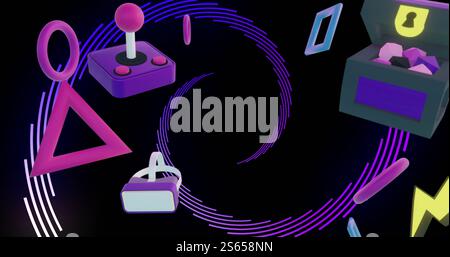 Image of game icons over spinning lines on black background Stock Photo ...