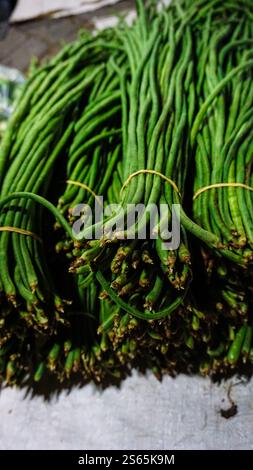 A pile of bundles of fresh green string beans displayed for sale Stock ...