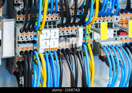 A bunch of wires are connected to a device. The wires are blue and ...