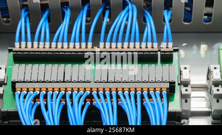 A bunch of wires are connected to a device. The wires are blue and ...